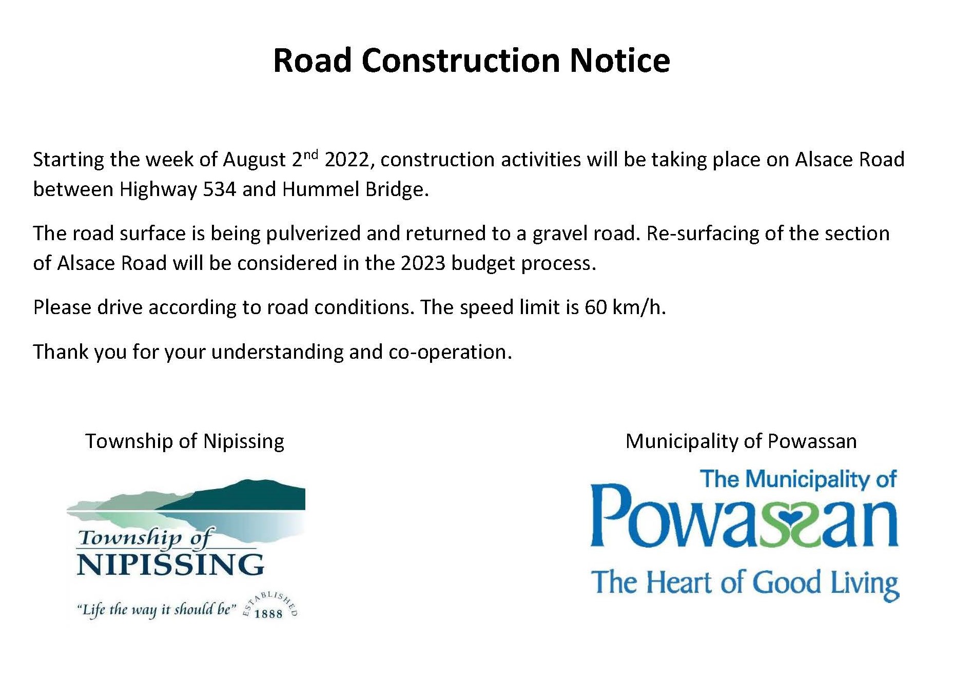 ROAD CONSTRUCTION NOTICE